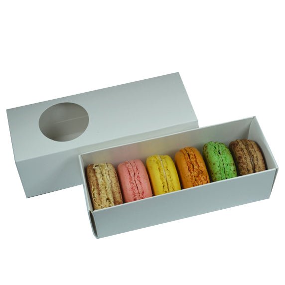 Long Macaron Box with round clear plastic window slide over - Paperboa